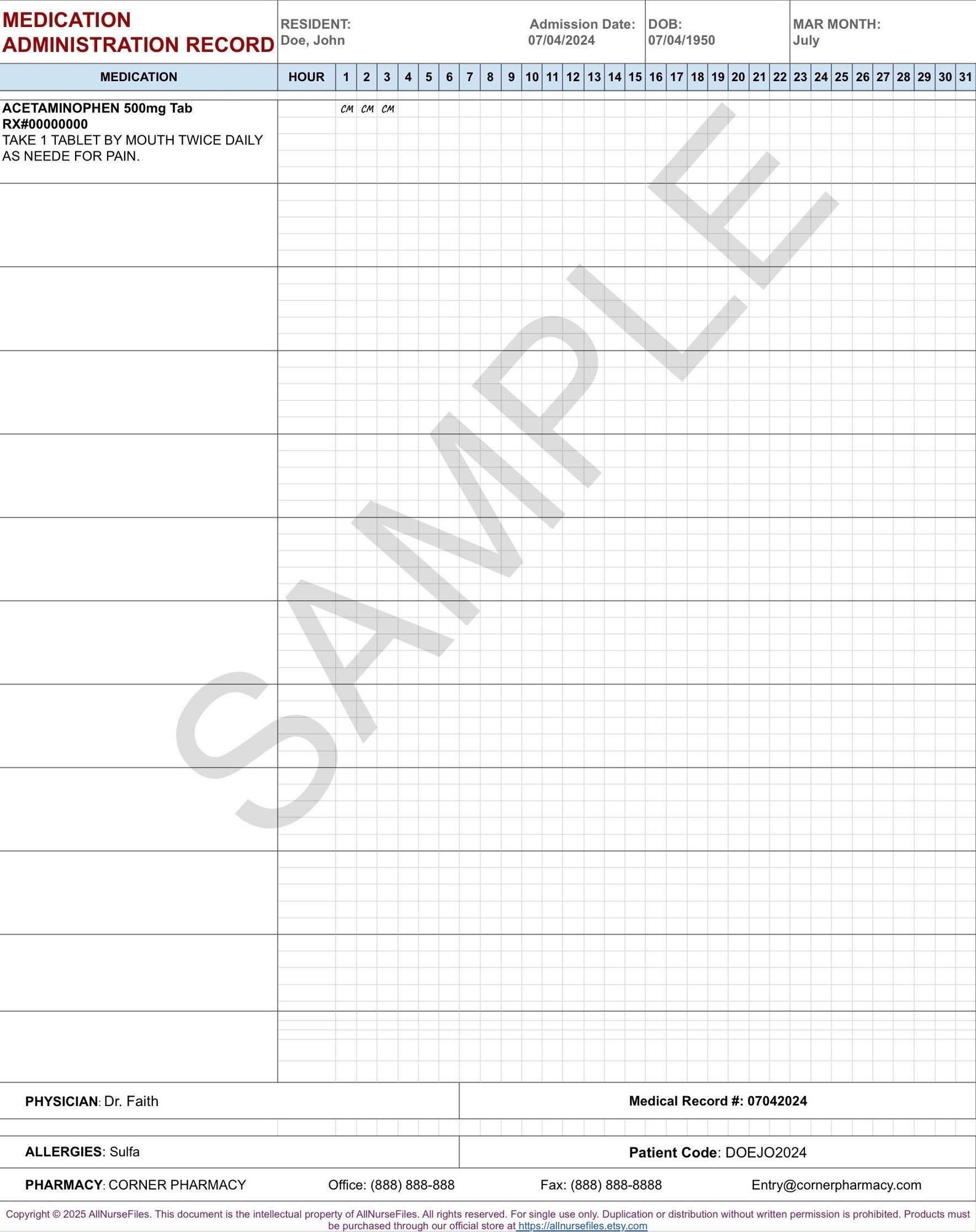 Medication Administration Record (MAR) Template01 – Printable PDF ...
