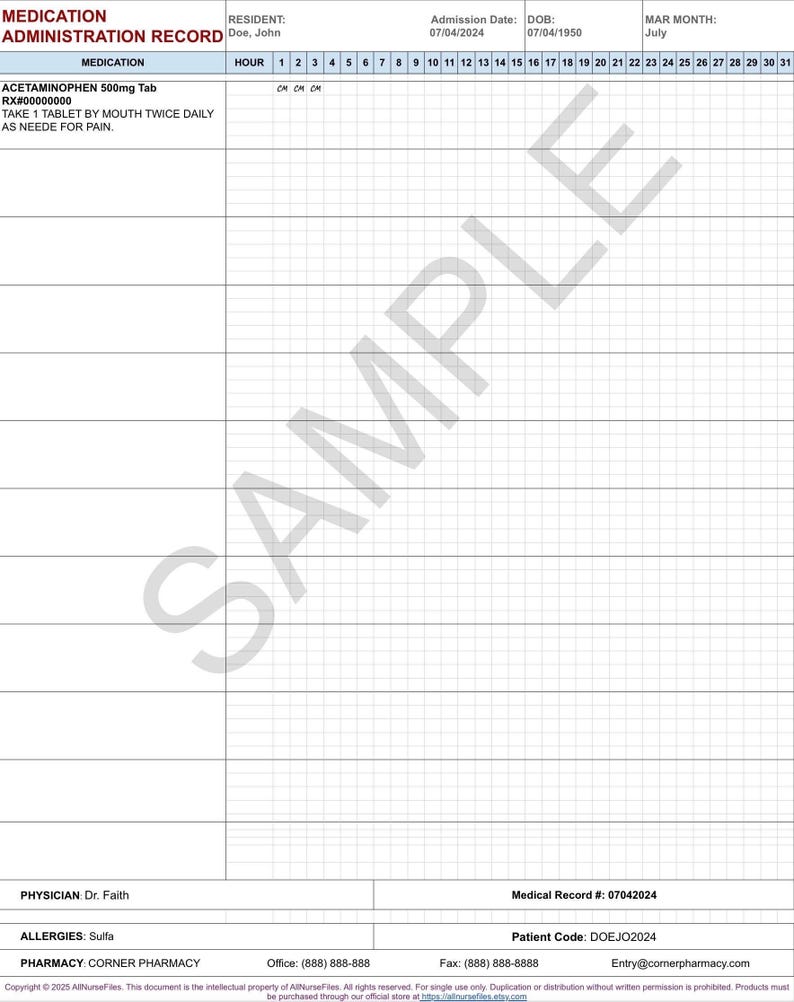 Medication Administration Record (MAR) Printable PDF Template for ...