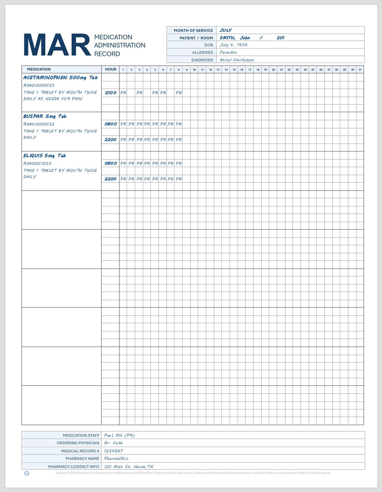 MAR Medication Administration Record Printable Template2 PDF Pharmacy ...