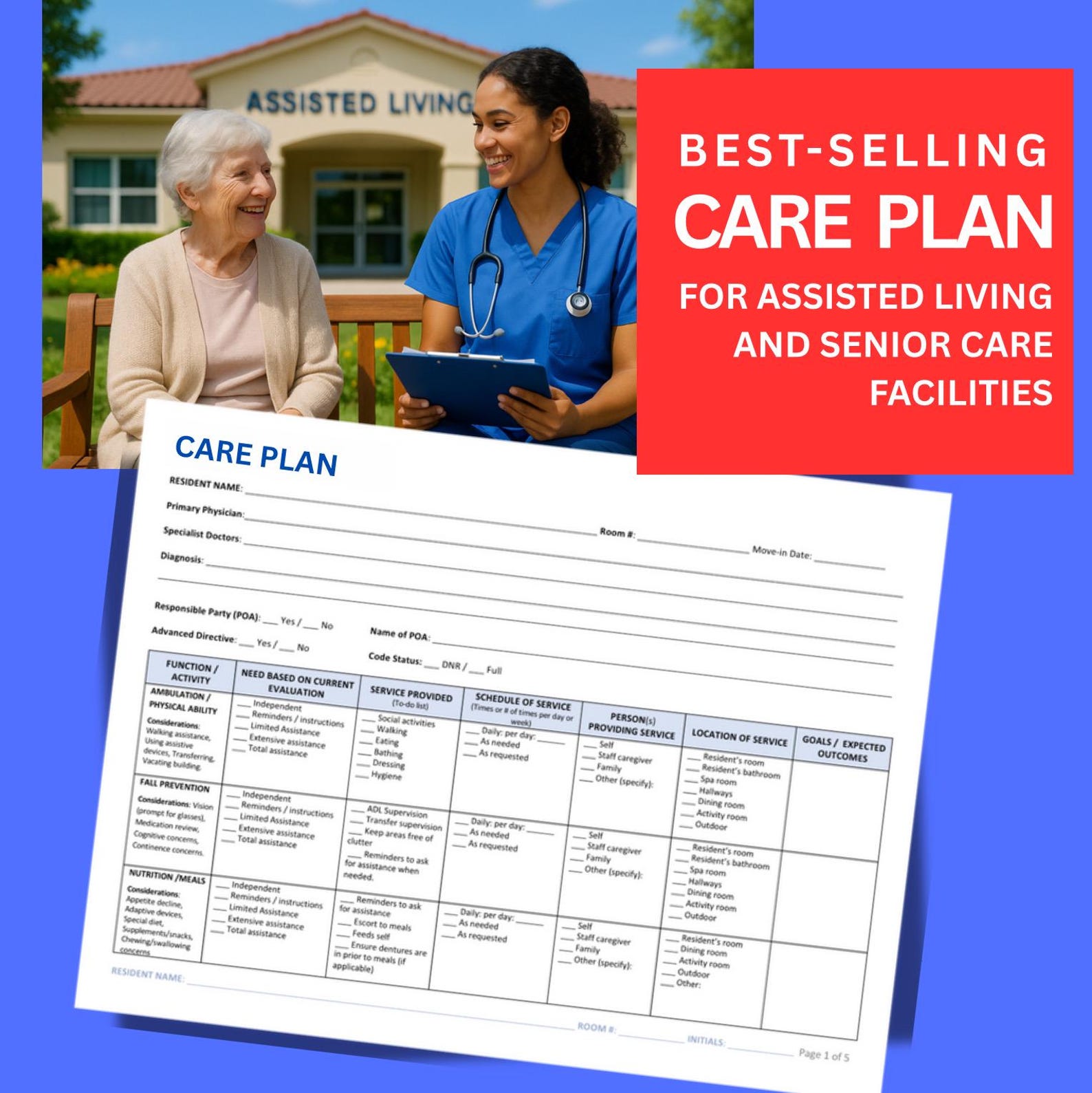 Care Plan Template for Nursing Home, Assisted Living, Printable PDF - Etsy