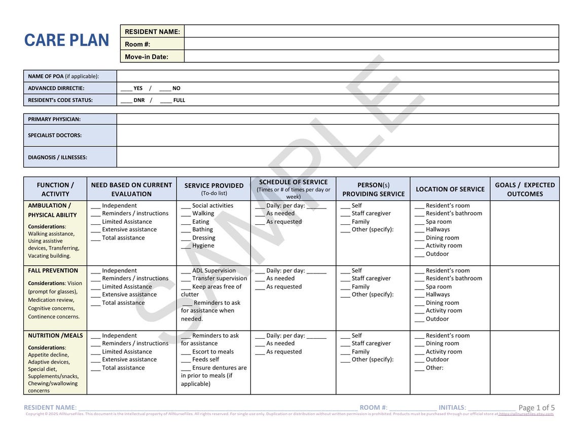 Comprehensive Care Plan Template for Elderly | Nursing Home, Assisted ...