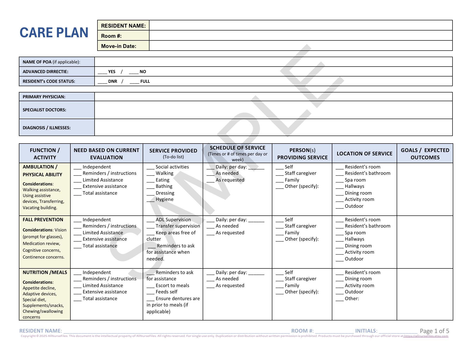 Care Plan Easy Template: Nursing Home, Assisted Living (printable PDF ...