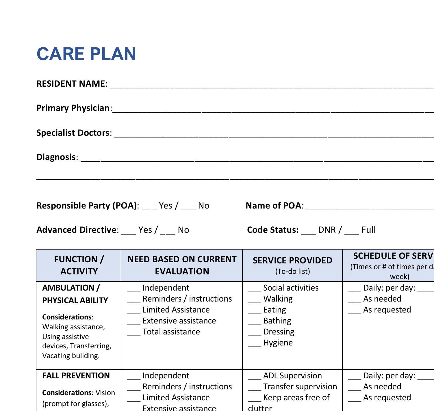 Comprehensive Care Plan Template for Nursing Homes, Assisted Living ...