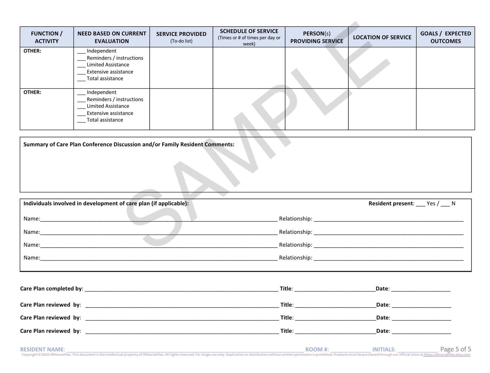 Care Plan Template for Nursing Home, Assisted Living, Printable PDF - Etsy