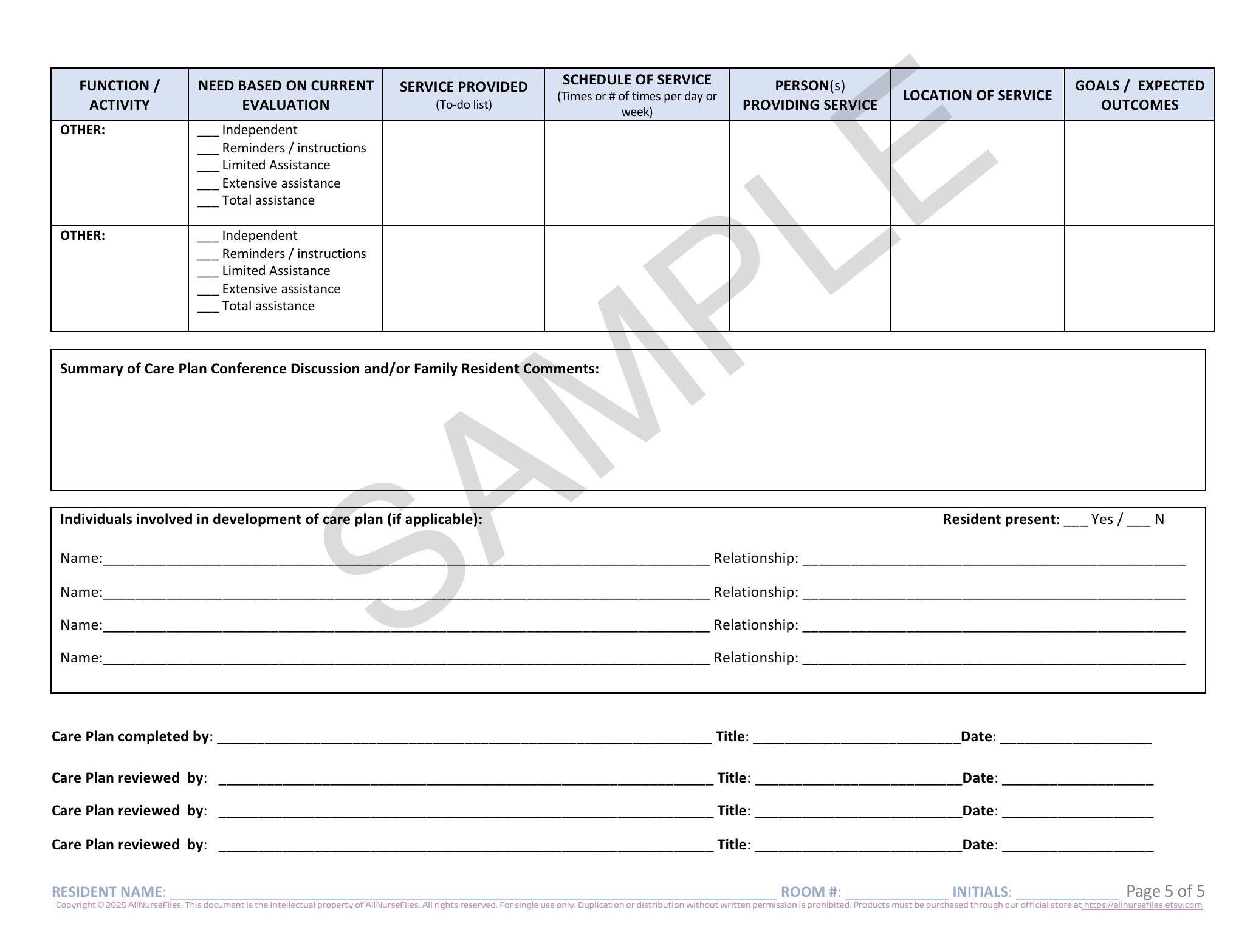 Comprehensive Care Plan Template for Nursing Homes, Assisted Living ...