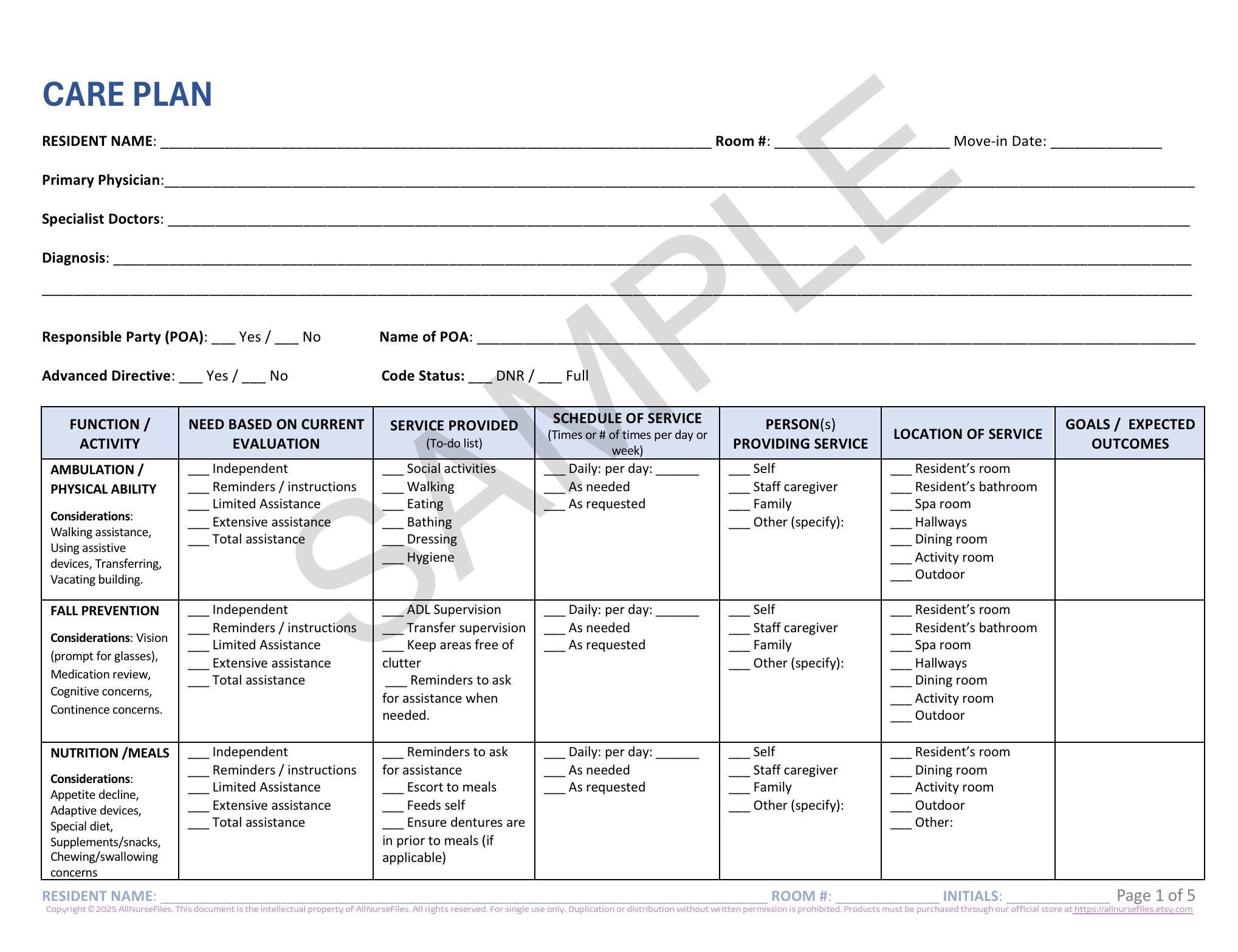 EDITABLE Comprehensive Care Plan Templete for Nursing Homes, Alfs, and ...