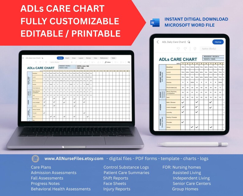 Adls Daily Care Chart – Editable Senior Care Tracker (digital Download ...