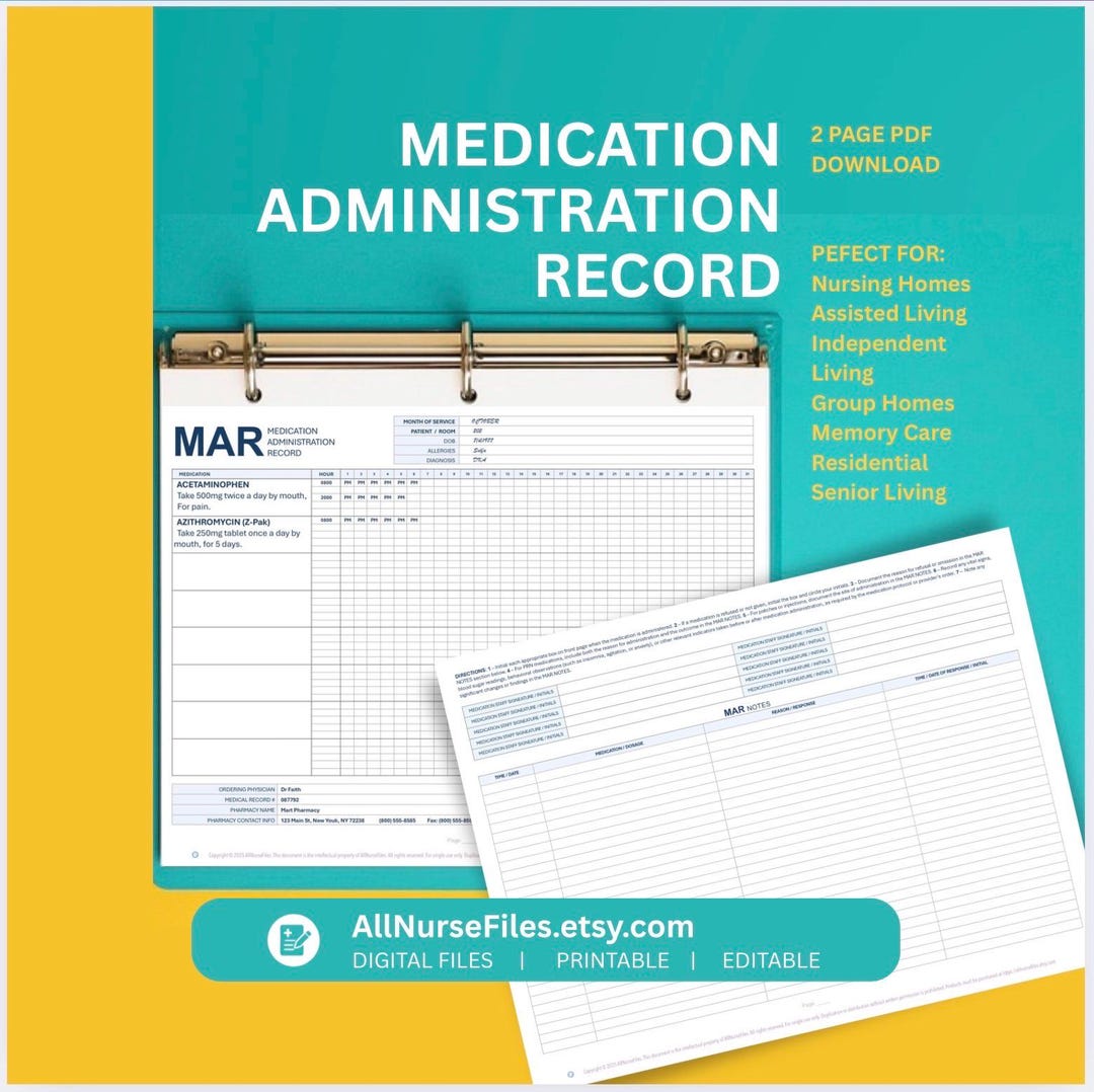 Medication Administration Record (MAR) PRINTABLE Template for Nursing ...