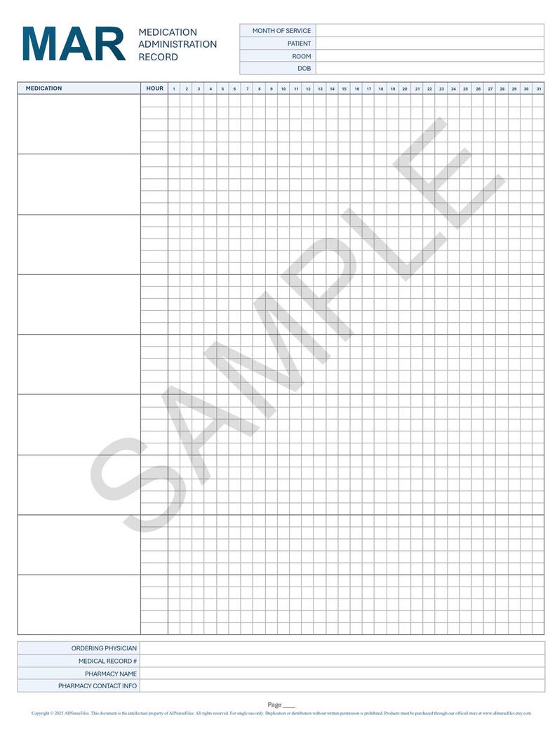 Medication Administration Record (MAR) EDITABLE Template - Instant Microsoft Word File Download ...