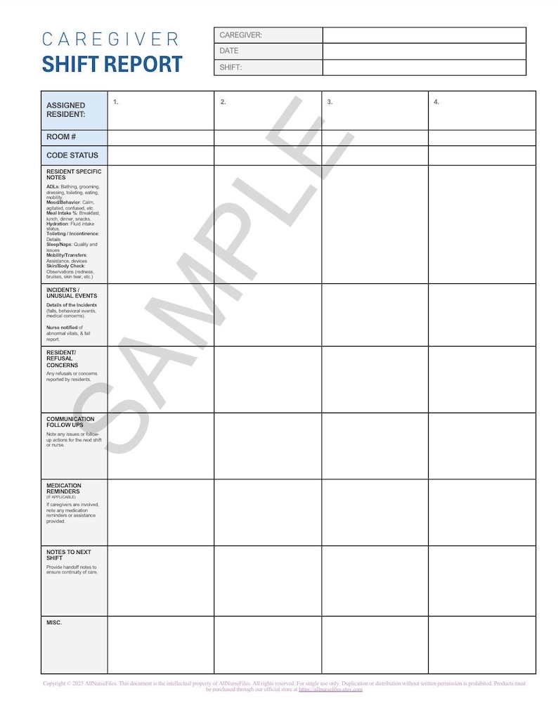 Caregiver Shift Report 4 Patient Template, Printable PDF File, - Etsy