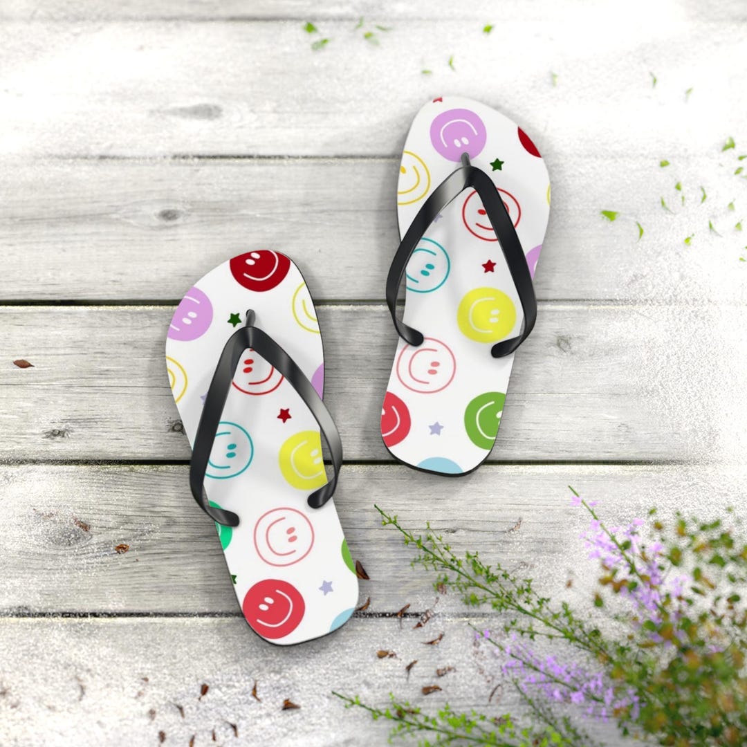 Colorful Smiley Flip Flops for Summer Fun, Casual Beach Footwear ...