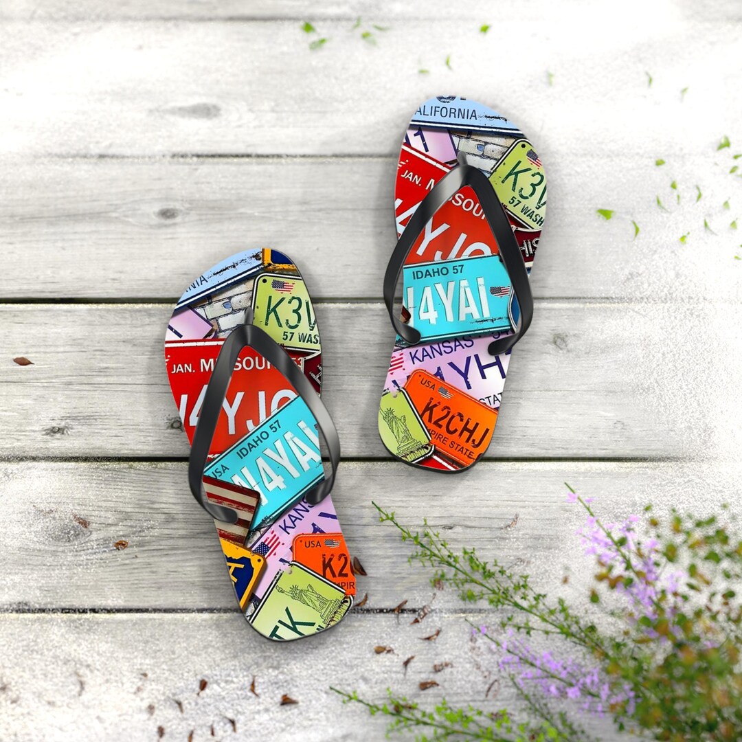 Colorful License Plate Flip Flops, Fun Summer Footwear, Unique Beach ...