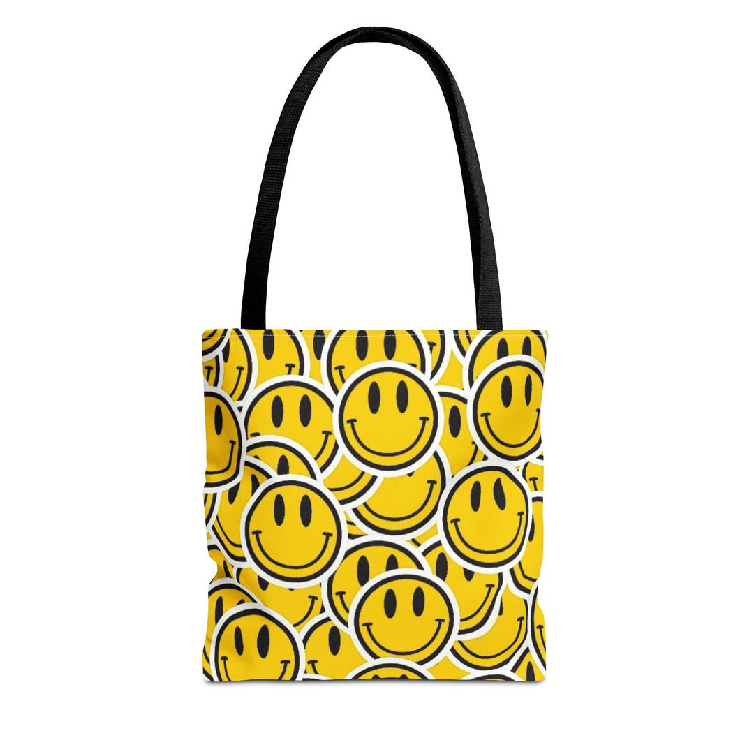 Smiley Pattern Tote Bag – Bright Yellow Happy Face Tote, Y2K Aesthetic ...
