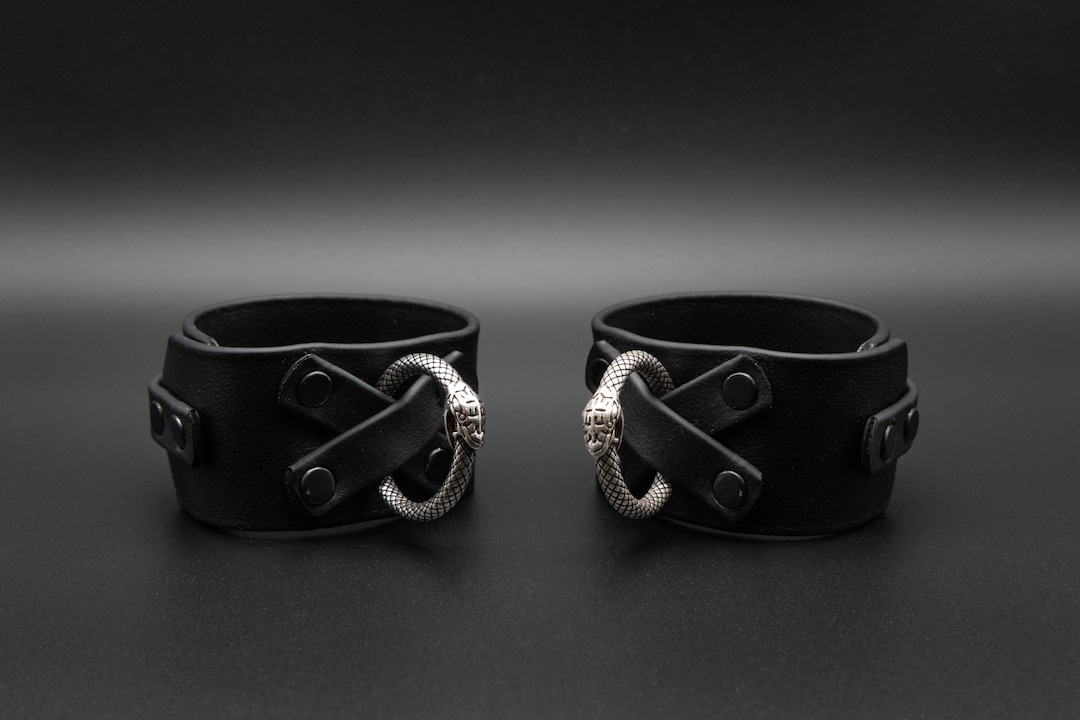Ouroboros Snake O-ring X Handcuff Set, Black Vegan Leather Biothane Adult BDSM Kink Suspension ...