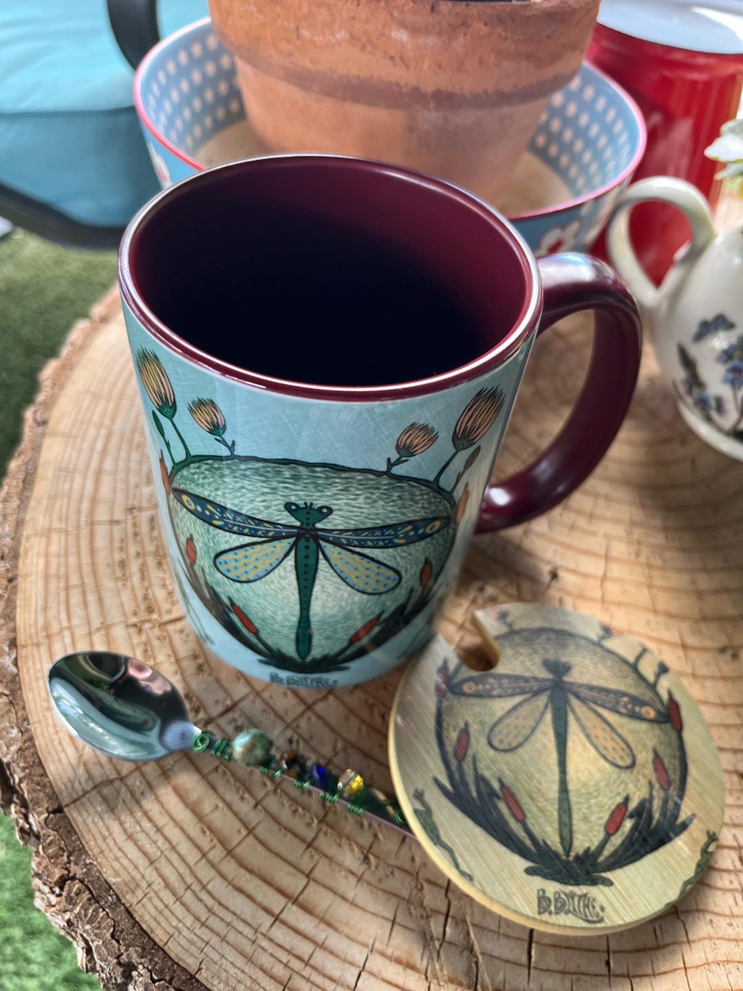 15 Oz Dragonfly Mug With Hand-beaded Spoon | Blythe Designs Ceramic Tea ...
