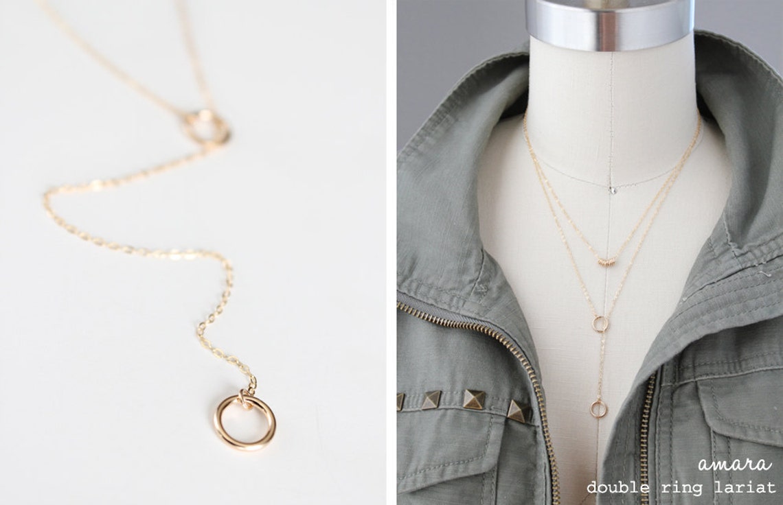 Double Ring Lariat Necklace Gold Filled or Sterling Silver - Etsy