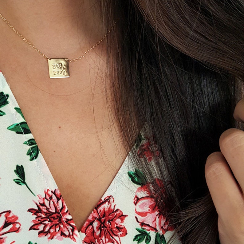 Hand Stamped Necklace 14k GOLD Filled Square Tag You & Me - Etsy