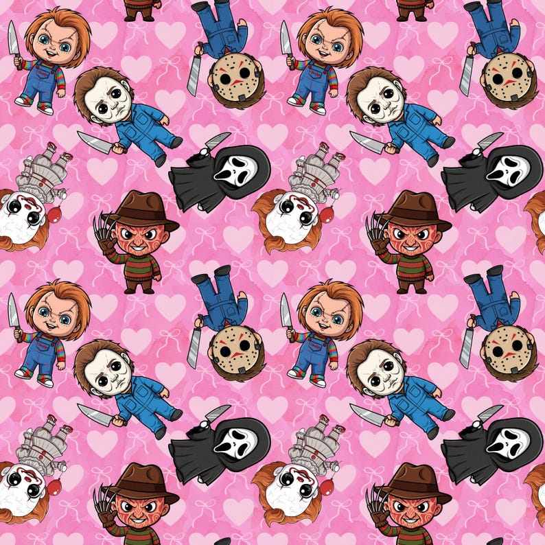 Valentine Horror Seamless Pattern PNG | Cute Killer Chibi Fabric Design ...