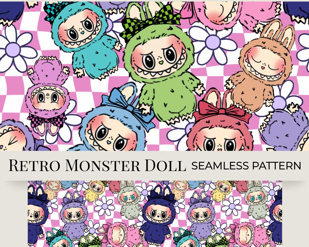 Preppy Hand Drawn Monster Doll Seamless Pattern PNG | Pastel ...