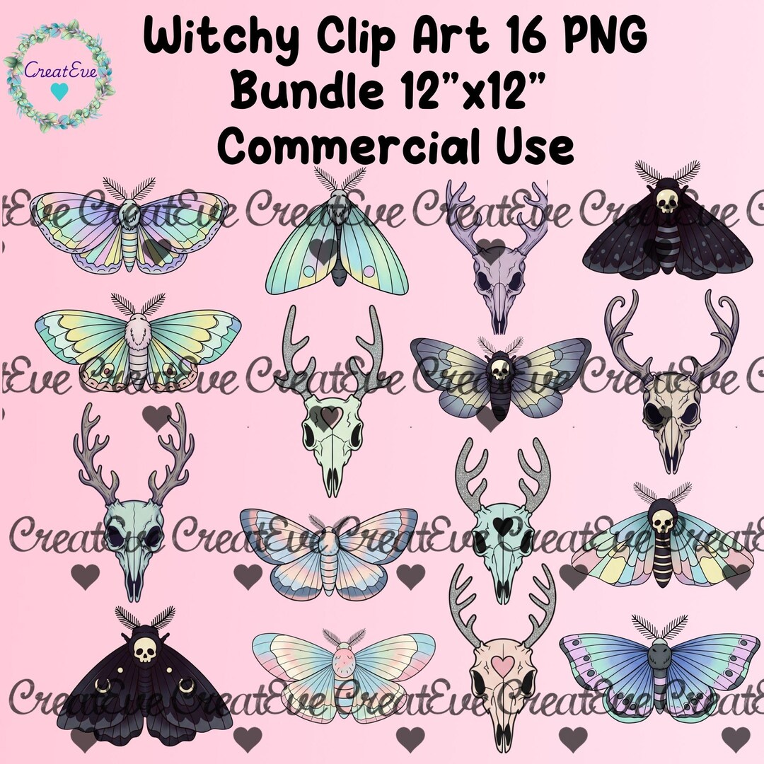 Witchcore 16 Image Clipart Bundle: Goth Moth and Skulls PNG Digital ...