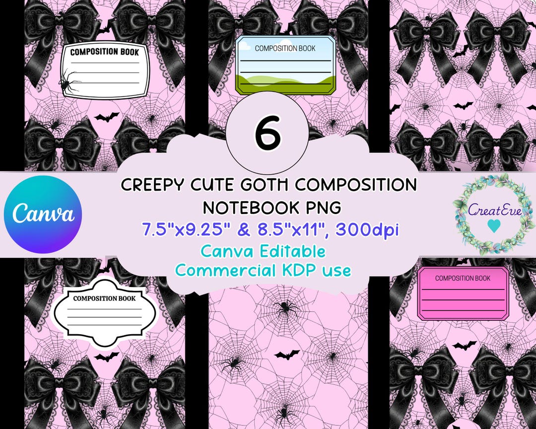 Coquette Goth Notebook Cover Design: Bow & Spider Web (PNG Digital ...