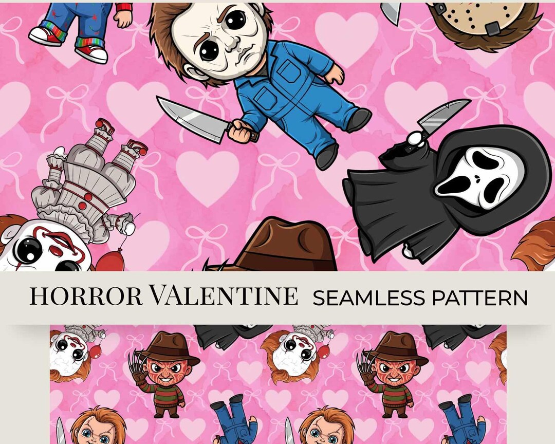 Valentine Horror Seamless Pattern PNG | Killer Chibi Fabric Design ...