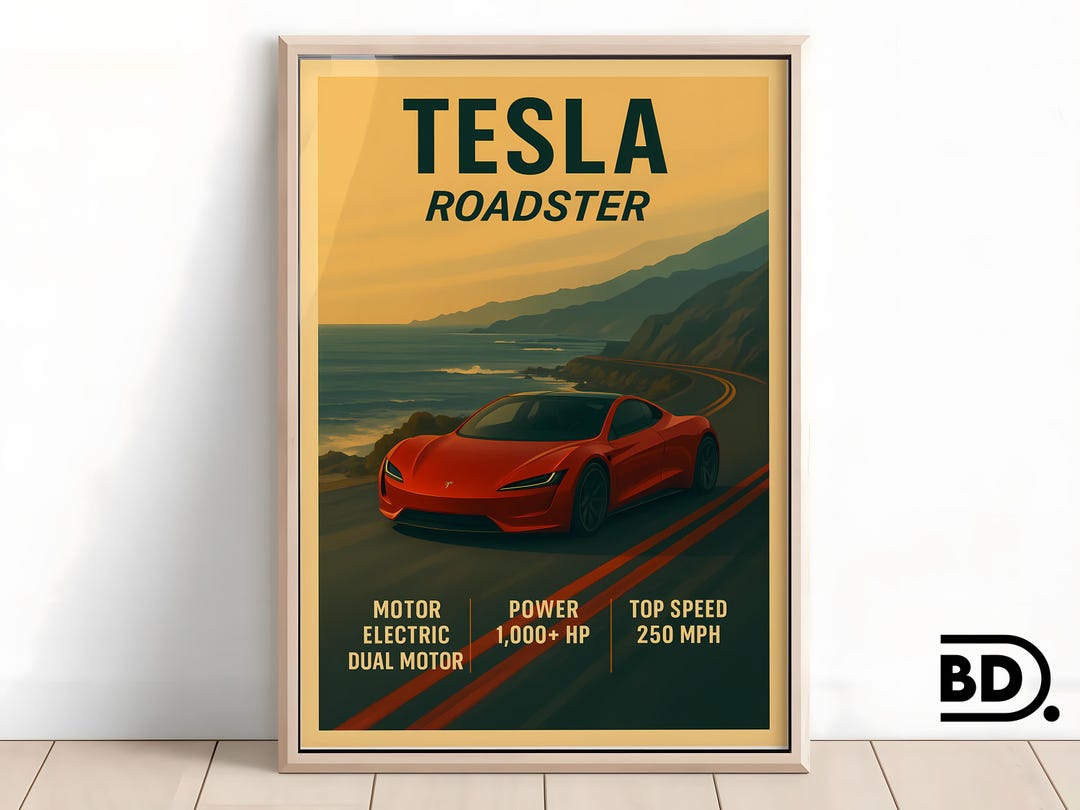 Tesla Roadster Poster - Minimalist Supercar Art Print, Classic Tesla ...