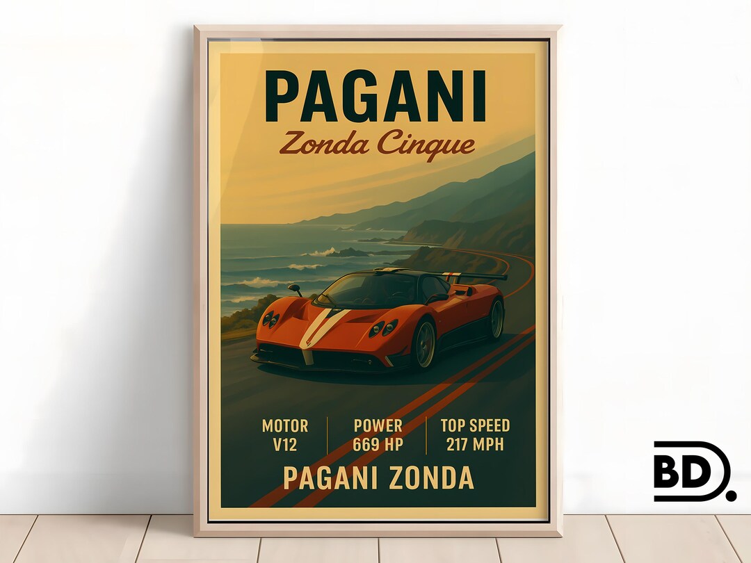Pagani Zonda Cinque Poster - Minimalist Supercar Art Print, Classic ...
