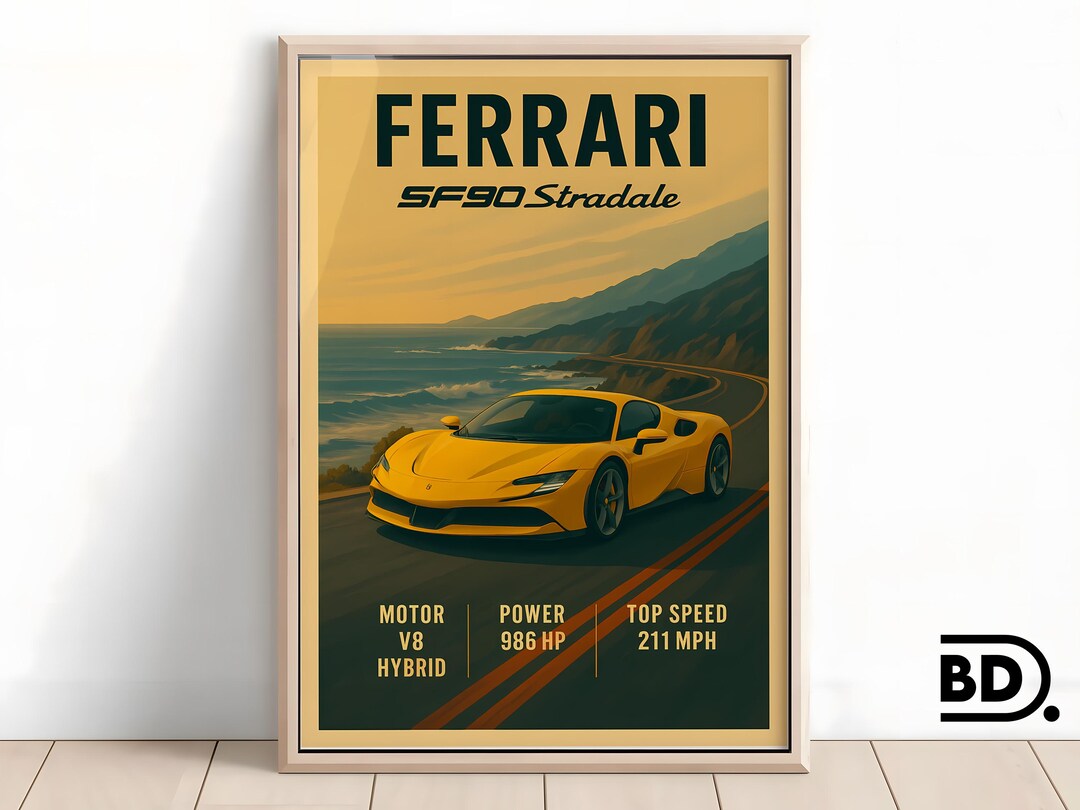 Ferrari SF90 Stradale Art Print: Minimalist Supercar Poster (digital ...