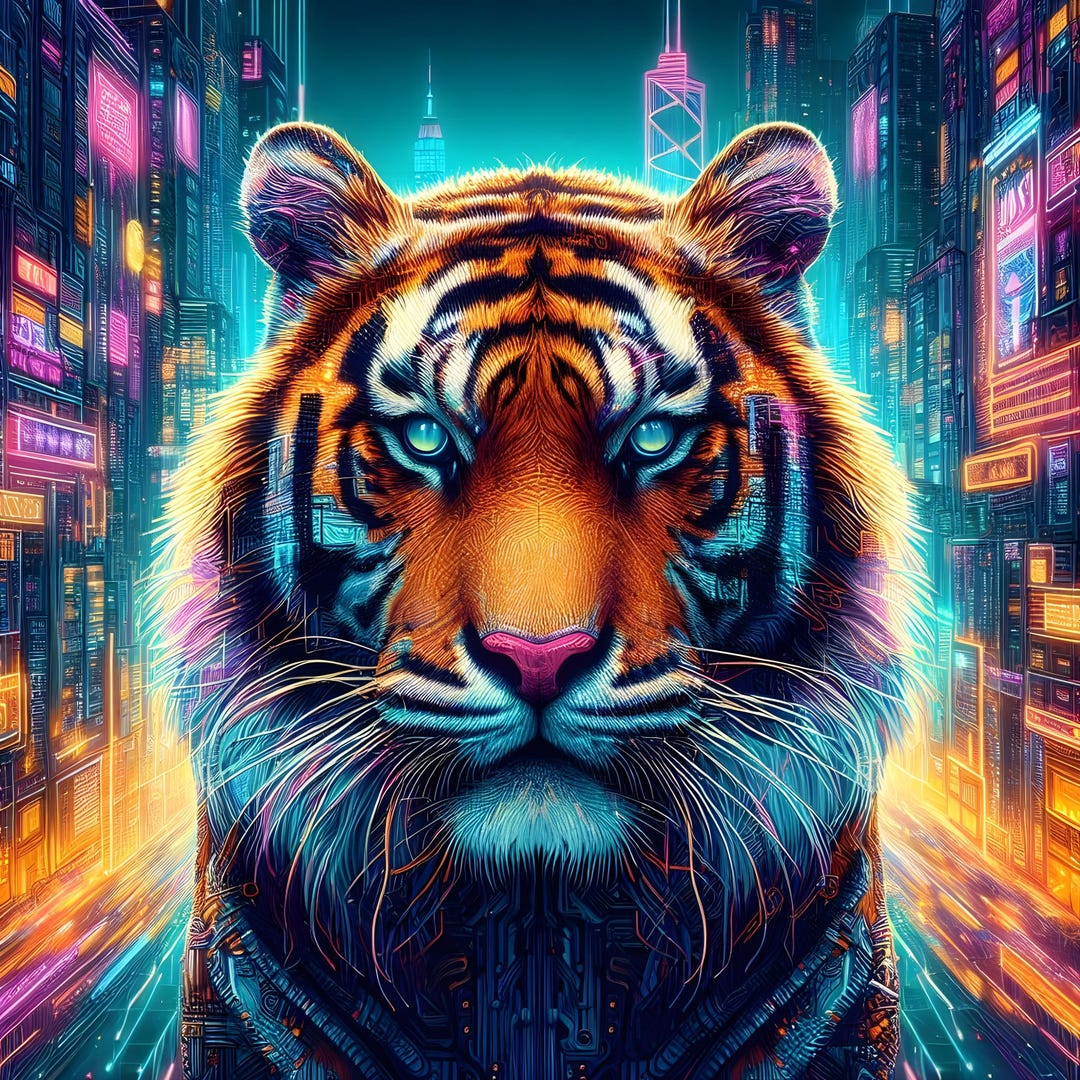 Cyberpunk Tiger Artwork, Futuristic Cyber Tiger Illustration, Neon ...