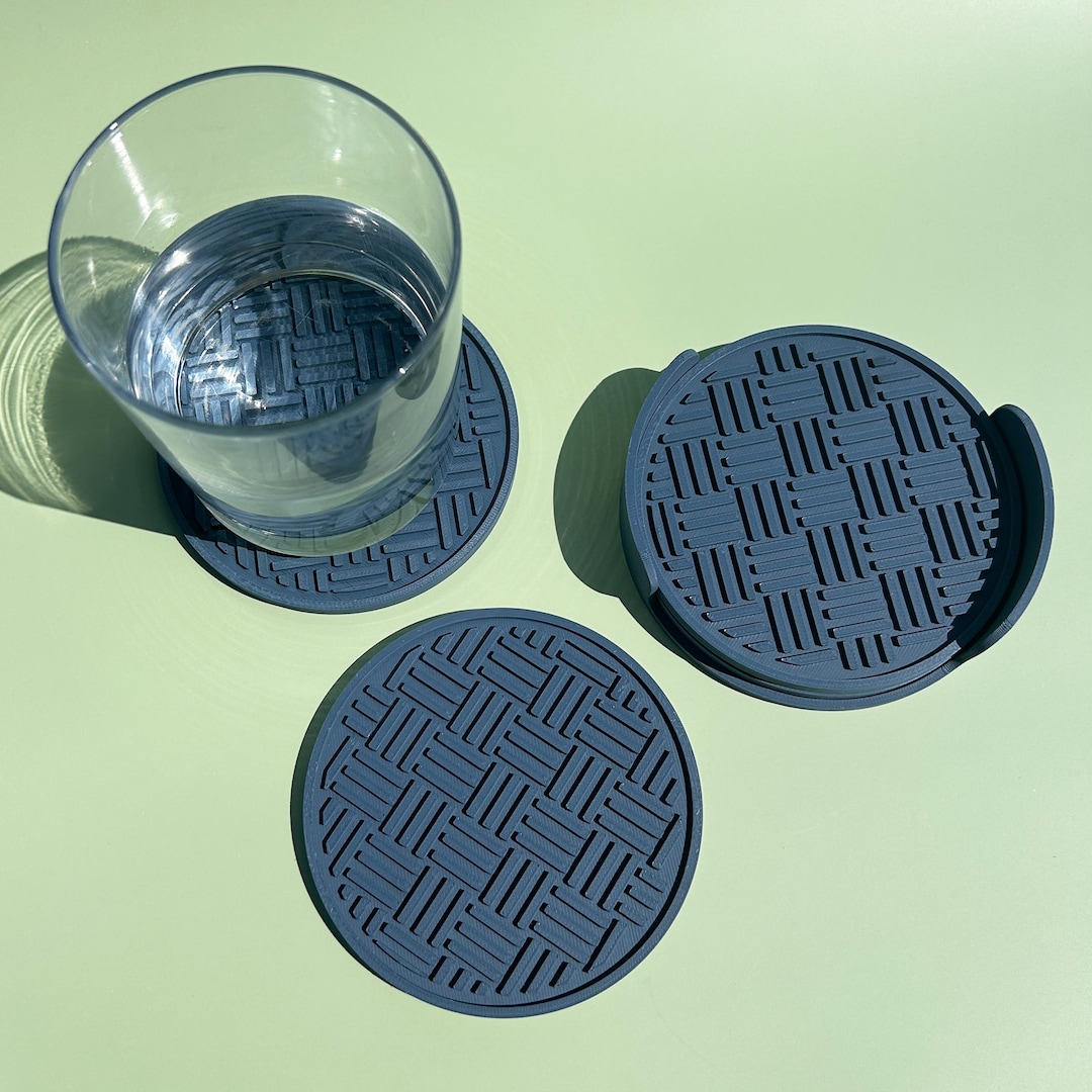 WOVEN Coaster Set of 4, Modern 4 Inch 3D Printed Coaster With Holder ...