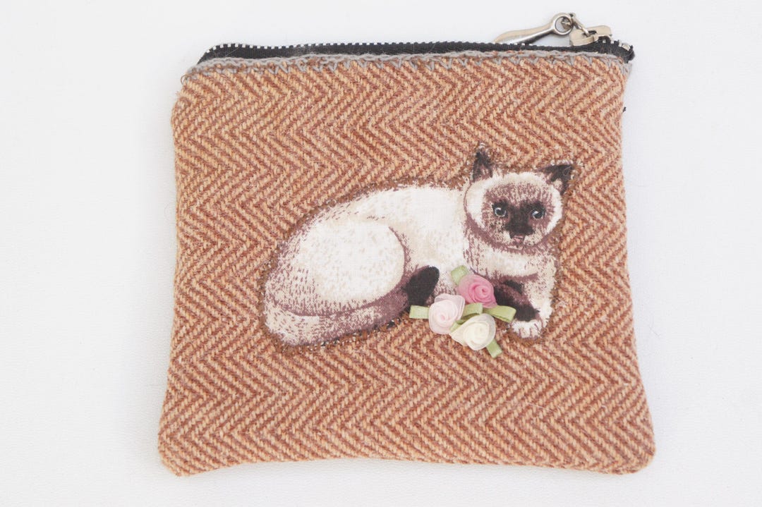 Handmade Siamese Cat Applique Tweed Coin Purse Zipper Pouch Catlovers ...