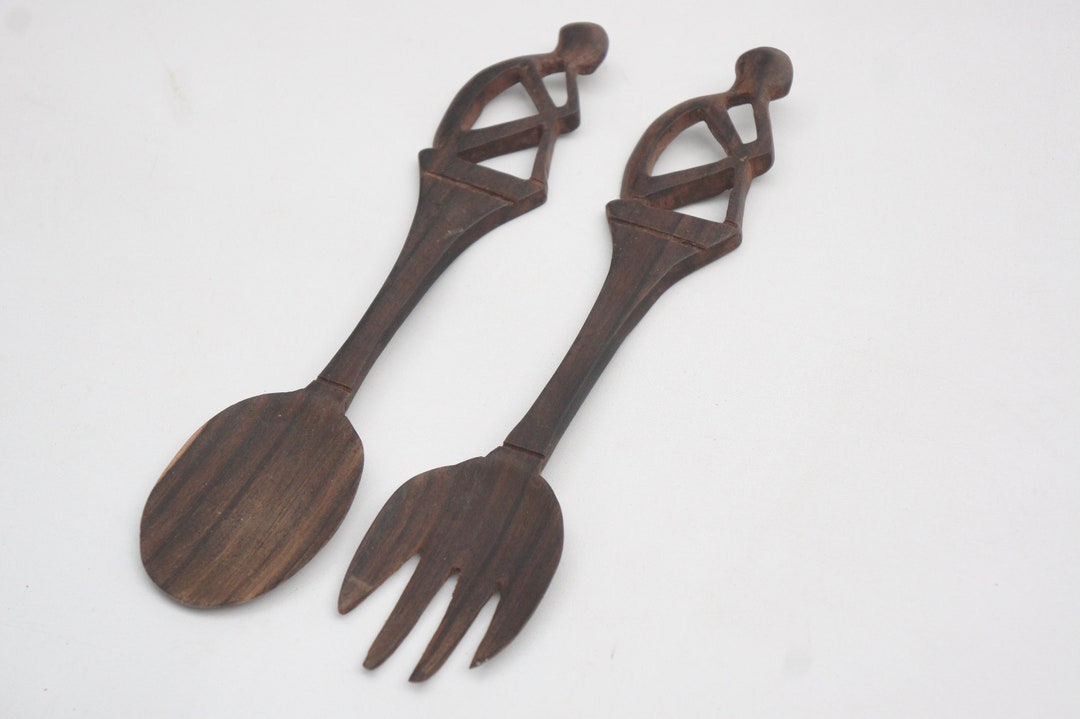 Vintage African Hand Carved Wooden Spoon and Fork Salad Utensils Ethnic ...