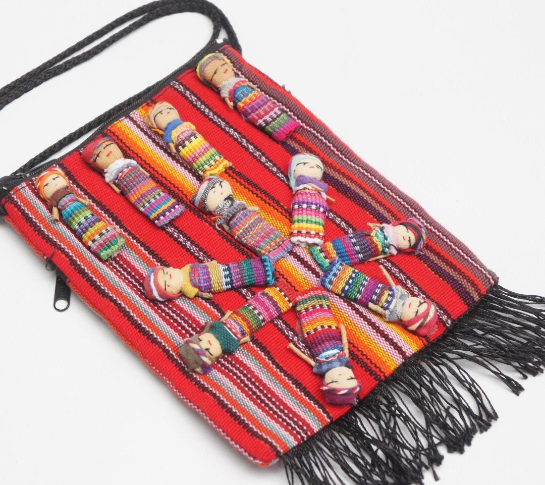 Vintage Woven Mexican Serape Crossbody Bag Doll Applique Fringe Purse ...