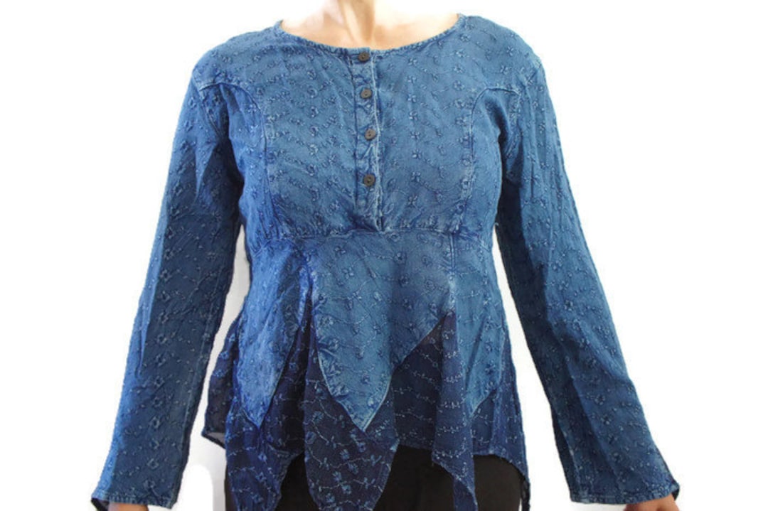Blusa túnica vintage de los 90-Y2k con bordado azul índigo y bajo ...