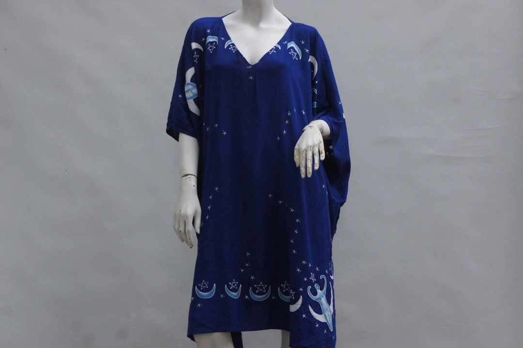 Vintage Moon Star Celestial Goddess Batik Print Kaftan Dress Beach ...