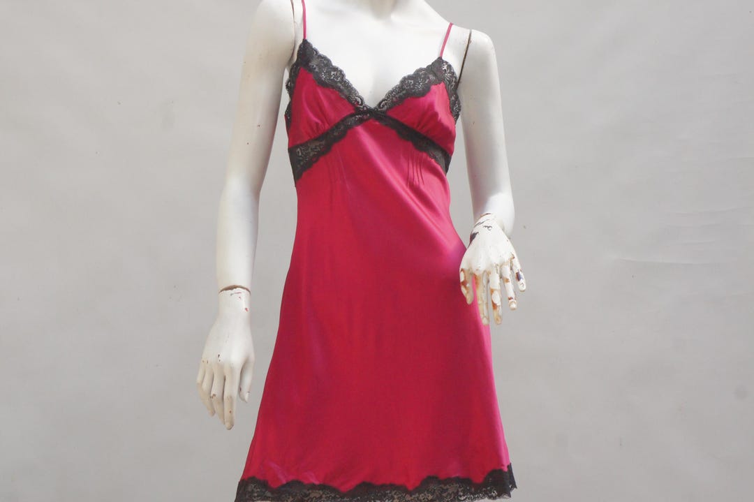 Victoria Secret Red Black Lace Trim Silk Babydoll Slip Dress Negligee ...