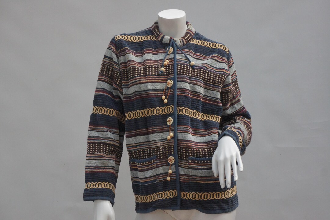 Vintage Southwestern Serape Jacket With Carved Bone Buttons Boho Tribal ...