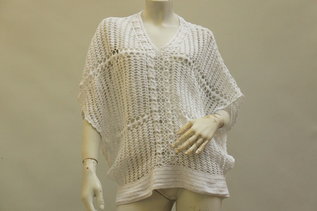 Vintage Open Knit Crocheted White Lace Sweater Top Poncho Top Boho ...