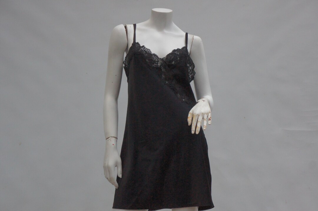 Ralph Lauren Black Satin Lace Trim Slip Dress Nightgown Negligee ...