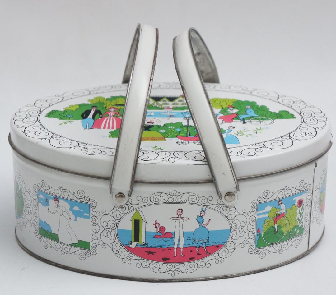 Vintage 50s Large Victorian Print Oval Tin Box With Handles Basket Tin ...
