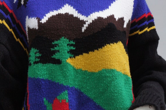 vintage 80s-90s Mountain Landscape Knit Sweater Pullo… - Gem
