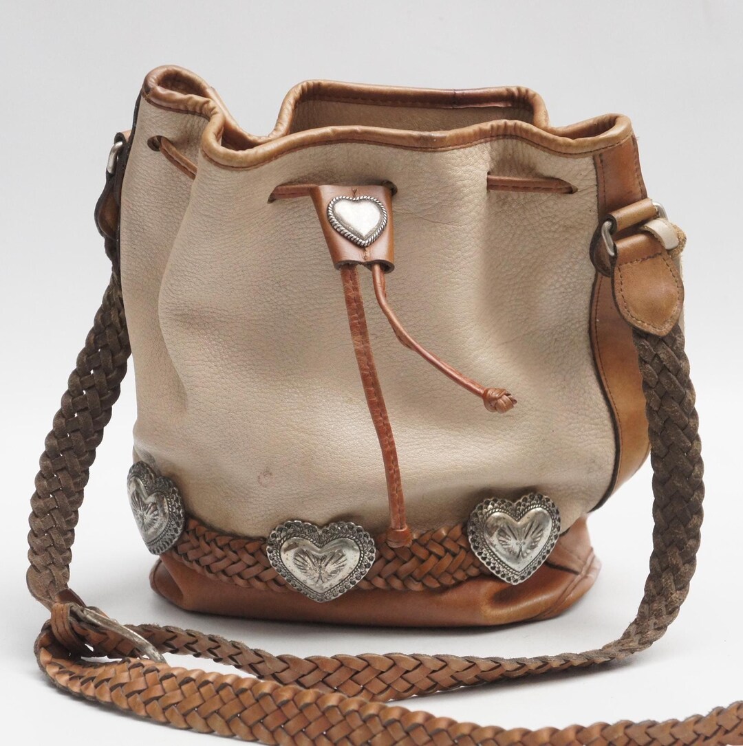 Vintage Drawstring Pebble Leather Shoulder Bag Purse With Metal Hearts ...