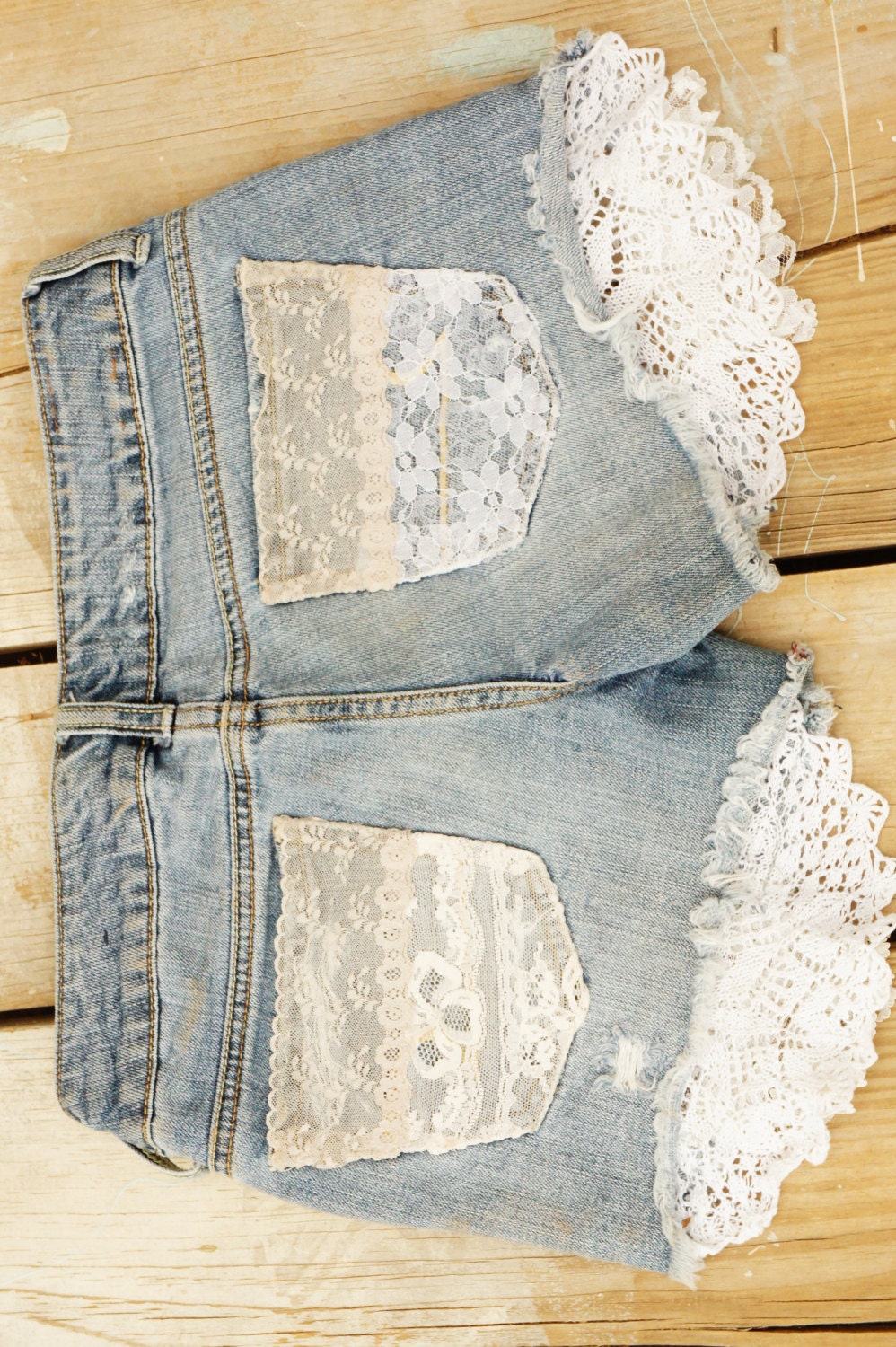 Handmade Upcycled OOAK Lace Applique Jean Shorts Bohemian Shabby Chic ...