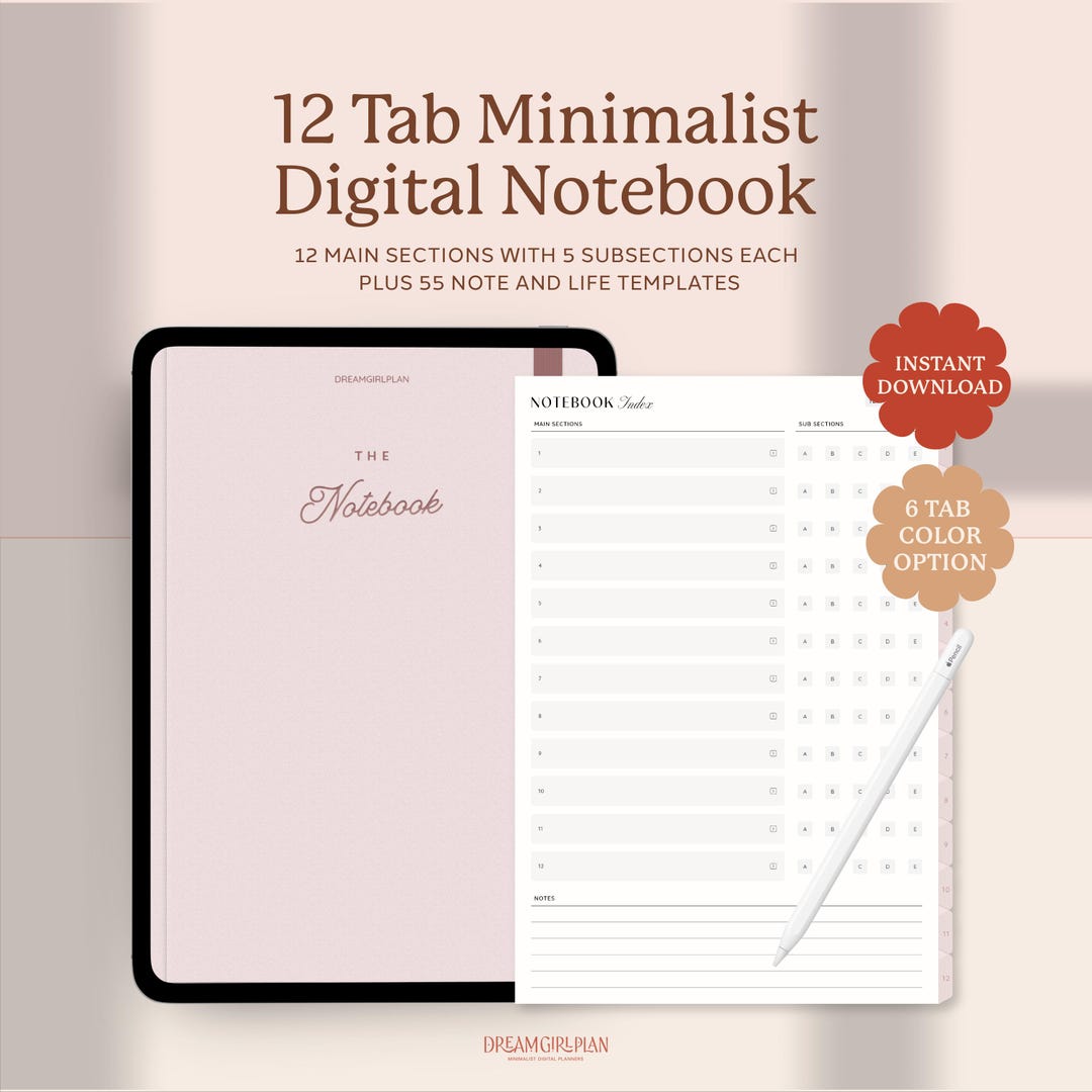 Portrait Digital Notebook, 12 Tab Digital Notebook, Minimalist Digital ...