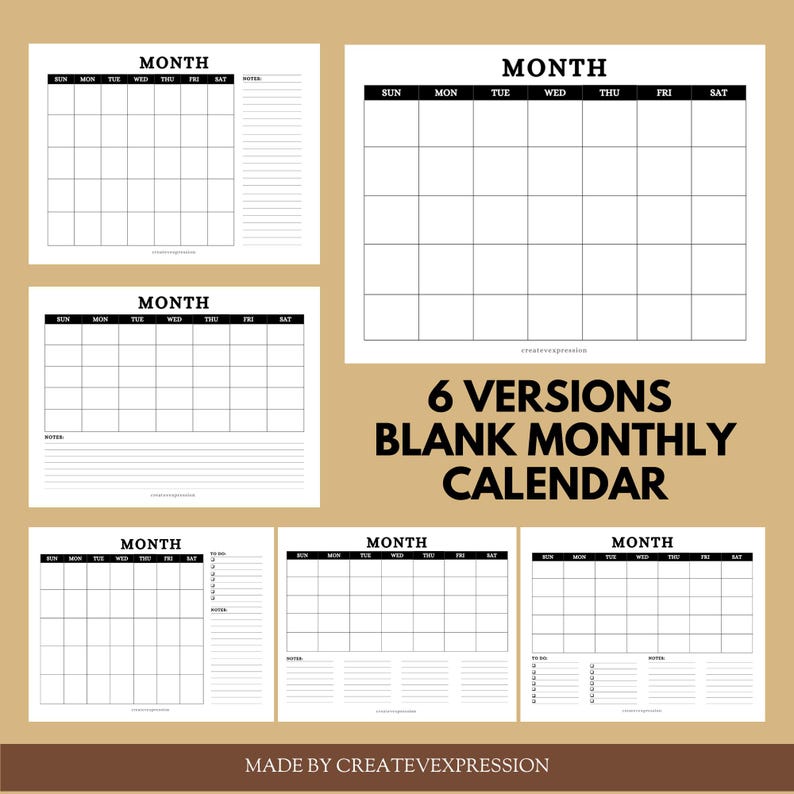 BLANK MONTHLY CALENDAR - Etsy