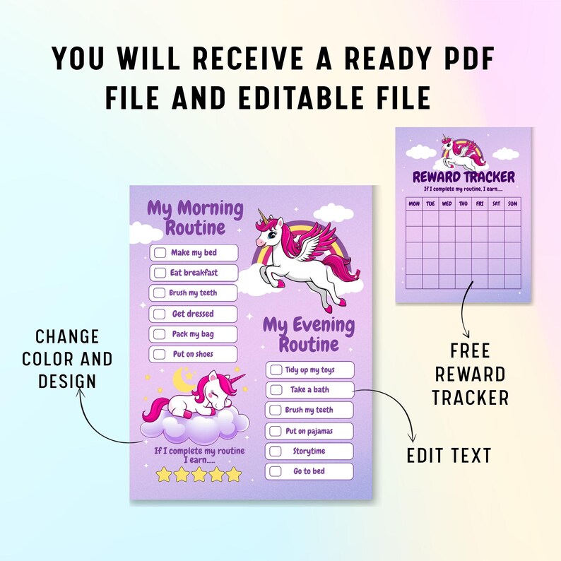 Editable Unicorn Routine Chart for Kids – Morning & Evening Schedule ...