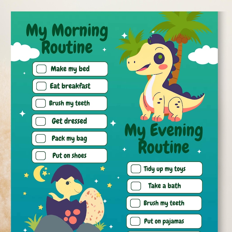 Editable Dinosaur Routine Chart for Kids – Morning & Evening Schedule ...