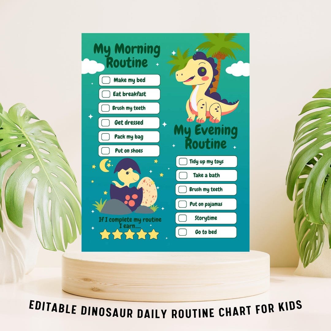 Dinosaur Routine Chart for Kids: Editable Morning & Evening Schedule ...