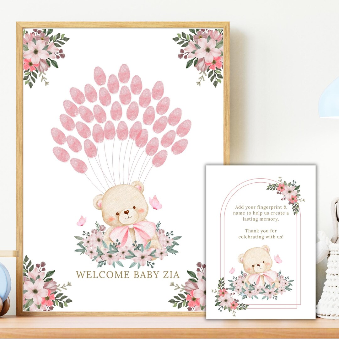 Teddy Bear Fingerprint Guestbook: Baby Shower Keepsake (editable Canva ...